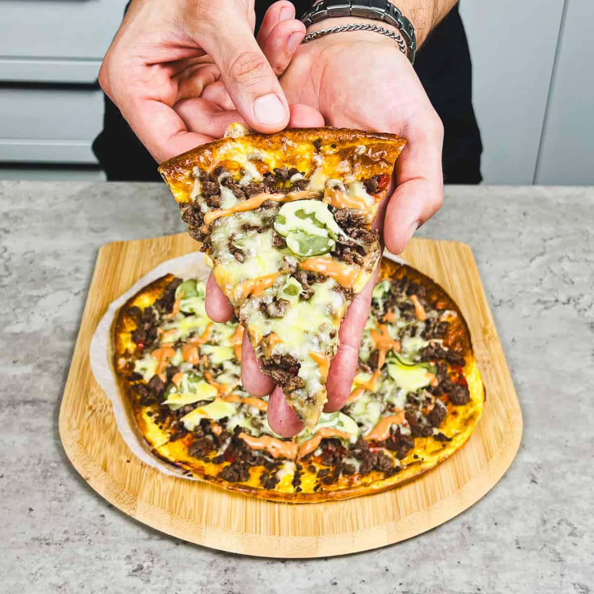 Cheeseburger Pizza with a Cottage Cheese Base - Better Cheat Meals